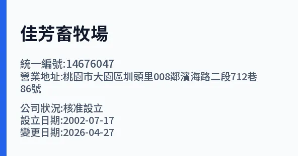 佳芳畜牧場的照片-統編 14676047(桃園市) 公司登記資料與營業項目詳細圖表