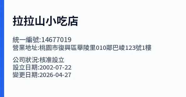 拉拉山小吃店的照片-統編 14677019(桃園市) 公司登記資料與營業項目詳細圖表