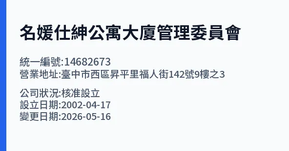名媛仕紳公寓大廈管理委員會的照片-統編 14682673(臺中市) 公司登記資料與營業項目詳細圖表