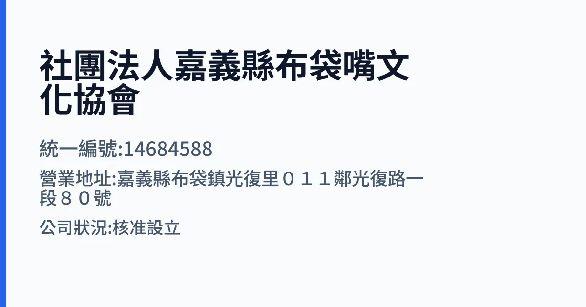 社團法人嘉義縣布袋嘴文化協會 - 統編 14684588(嘉義縣) 公司登記資料與營業項目詳細圖表