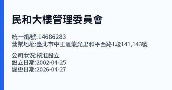 民和大樓管理委員會的照片-統編 14686283(臺北市) 公司登記資料與營業項目詳細圖表