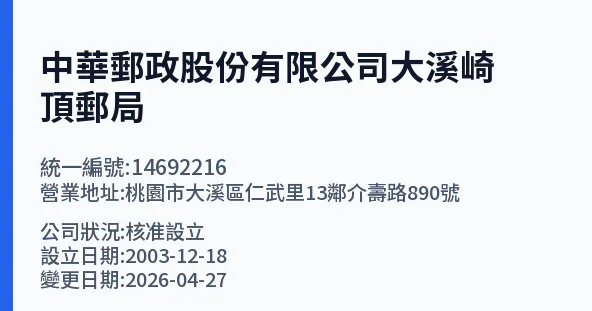 中華郵政股份有限公司大溪崎頂郵局的照片-統編 14692216(桃園市) 公司登記資料與營業項目詳細圖表