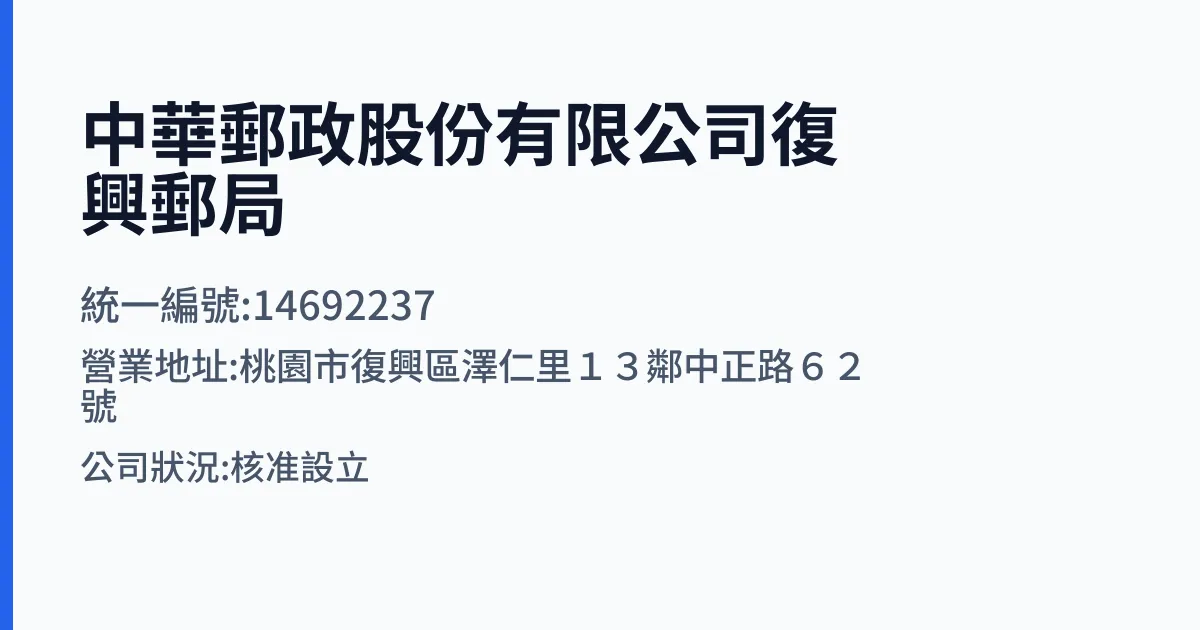 中華郵政股份有限公司復興郵局 - 統編 14692237(桃園市) 公司登記資料與營業項目詳細圖表