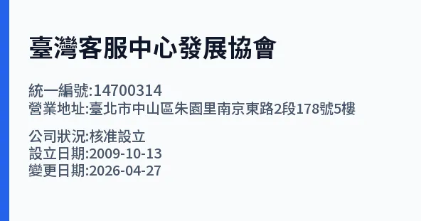 臺灣客服中心發展協會的照片-統編 14700314(臺北市) 公司登記資料與營業項目詳細圖表