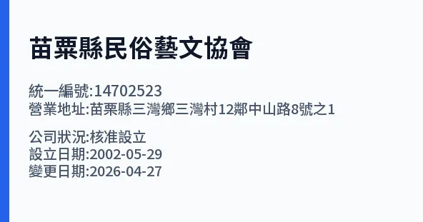 苗粟縣民俗藝文協會的照片-統編 14702523(苗栗縣) 公司登記資料與營業項目詳細圖表