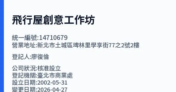 飛行屋創意工作坊的照片-統編 14710679(新北市) 公司登記資料與營業項目詳細圖表
