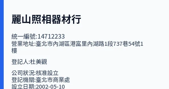 麗山照相器材行的照片-統編 14712233(臺北市) 公司登記資料與營業項目詳細圖表