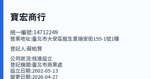 寶宏商行的照片-統編 14712249(臺北市) 公司登記資料與營業項目詳細圖表