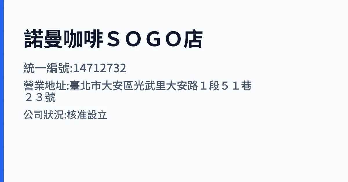 諾曼咖啡ＳＯＧＯ店 - 統編 14712732(臺北市) 公司登記資料與營業項目詳細圖表