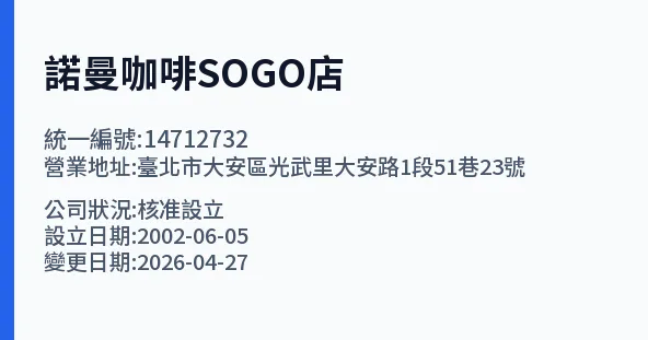 諾曼咖啡SOGO店的照片-統編 14712732(臺北市) 公司登記資料與營業項目詳細圖表