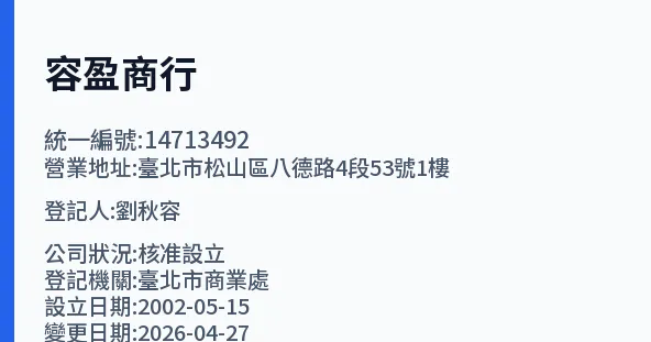 容盈商行的照片-統編 14713492(臺北市) 公司登記資料與營業項目詳細圖表
