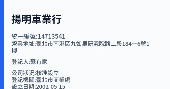 揚明車業行的照片-統編 14713541(臺北市) 公司登記資料與營業項目詳細圖表