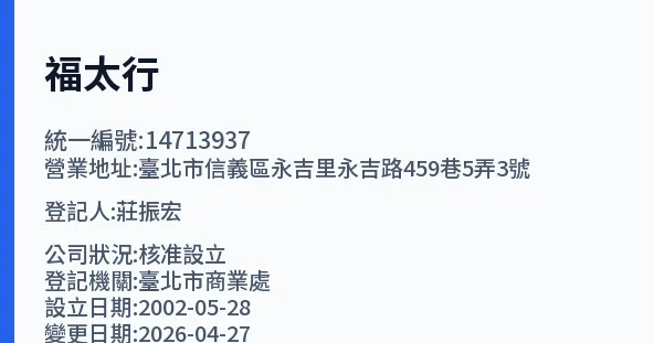 福太行的照片-統編 14713937(臺北市) 公司登記資料與營業項目詳細圖表
