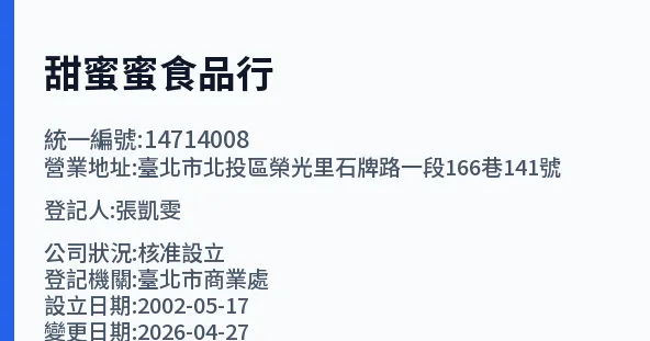 甜蜜蜜食品行的照片-統編 14714008(臺北市) 公司登記資料與營業項目詳細圖表