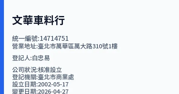 文華車料行的照片-統編 14714751(臺北市) 公司登記資料與營業項目詳細圖表