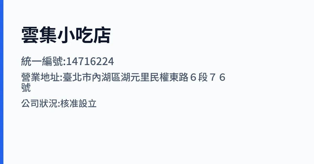 雲集小吃店 - 統編 14716224(臺北市) 公司登記資料與營業項目詳細圖表