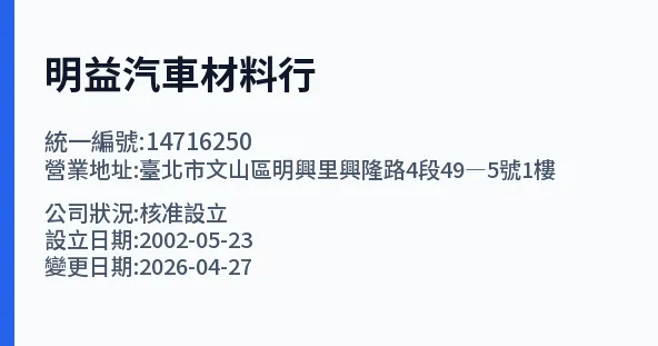 明益汽車材料行的照片-統編 14716250(臺北市) 公司登記資料與營業項目詳細圖表