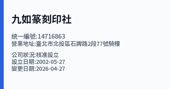 九如篆刻印社的照片-統編 14716863(臺北市) 公司登記資料與營業項目詳細圖表