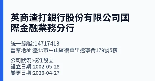 英商渣打銀行股份有限公司國際金融業務分行的照片-統編 14717413(臺北市) 公司登記資料與營業項目詳細圖表