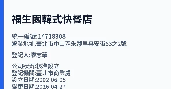 福生園韓式快餐店的照片-統編 14718308(臺北市) 公司登記資料與營業項目詳細圖表