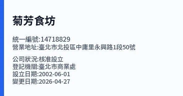 菊芳食坊的照片-統編 14718829(臺北市) 公司登記資料與營業項目詳細圖表