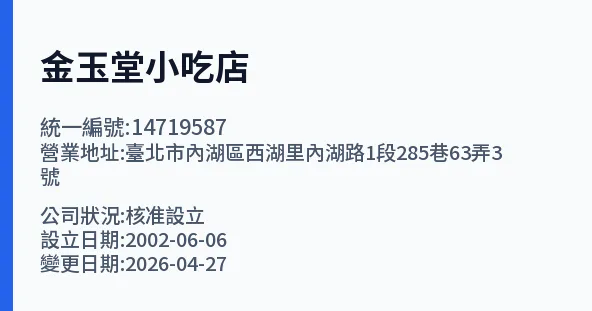 金玉堂小吃店的照片-統編 14719587(臺北市) 公司登記資料與營業項目詳細圖表