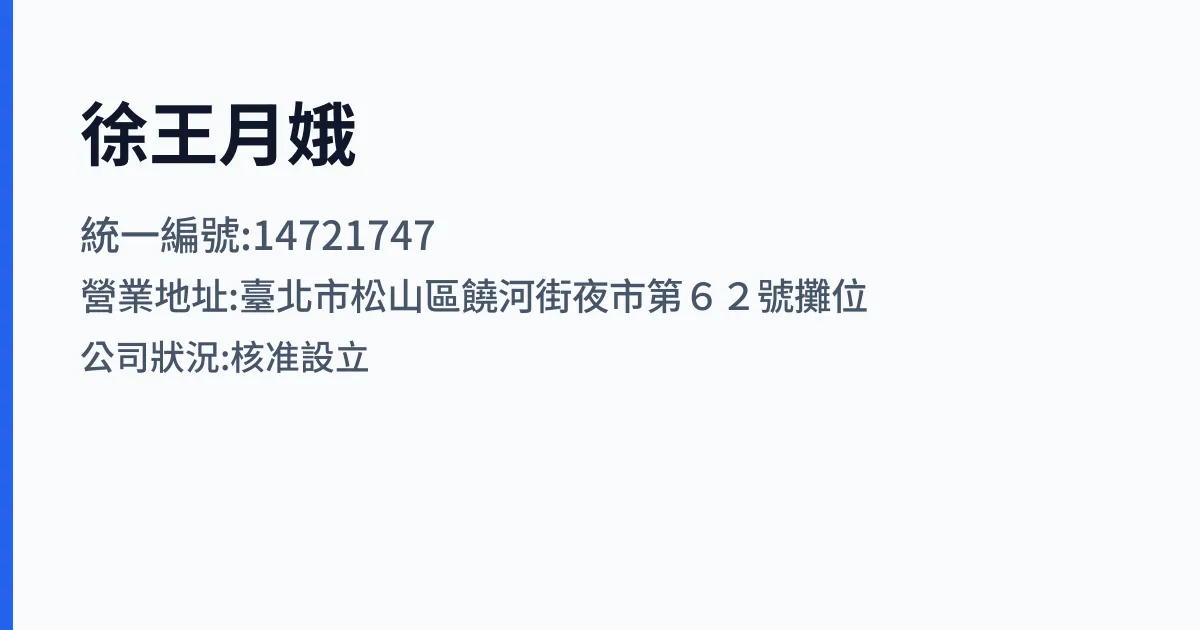 徐王月娥 - 統編 14721747(臺北市) 公司登記資料與營業項目詳細圖表