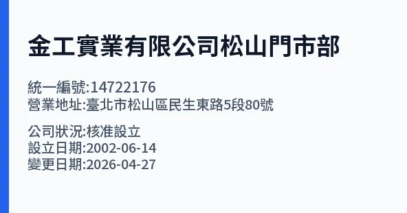 金工實業有限公司松山門市部的照片-統編 14722176(臺北市) 公司登記資料與營業項目詳細圖表
