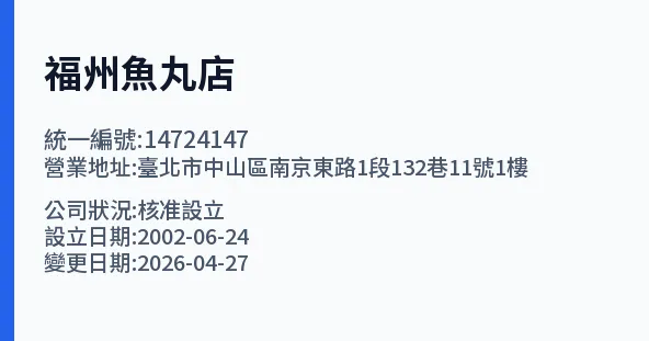 福州魚丸店的照片-統編 14724147(臺北市) 公司登記資料與營業項目詳細圖表