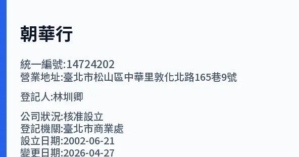 朝華行的照片-統編 14724202(臺北市) 公司登記資料與營業項目詳細圖表