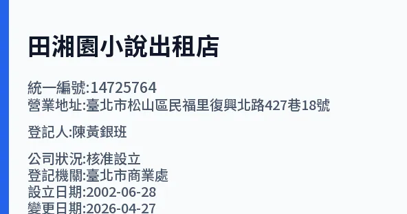 田湘園小說出租店的照片-統編 14725764(臺北市) 公司登記資料與營業項目詳細圖表