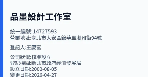 品墨設計工作室的照片-統編 14727593(臺北市) 公司登記資料與營業項目詳細圖表