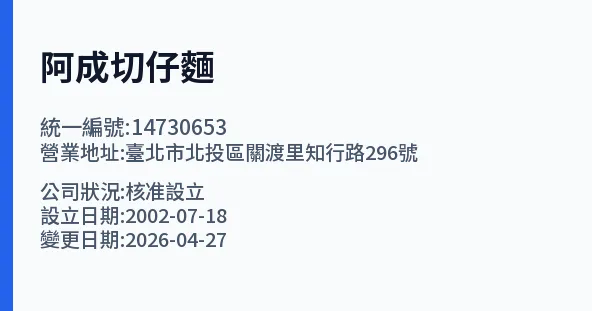 阿成切仔麵的照片-統編 14730653(臺北市) 公司登記資料與營業項目詳細圖表