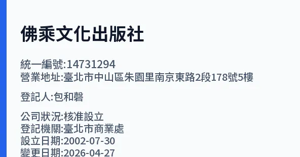 佛乘文化出版社的照片-統編 14731294(臺北市) 公司登記資料與營業項目詳細圖表