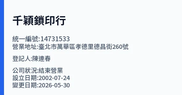 千穎鎖印行的照片-統編 14731533(臺北市) 公司登記資料與營業項目詳細圖表