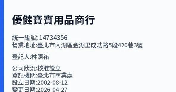 優健寶寶用品商行的照片-統編 14734356(臺北市) 公司登記資料與營業項目詳細圖表
