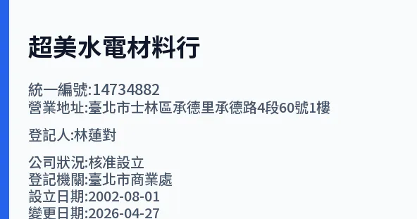 超美水電材料行的照片-統編 14734882(臺北市) 公司登記資料與營業項目詳細圖表