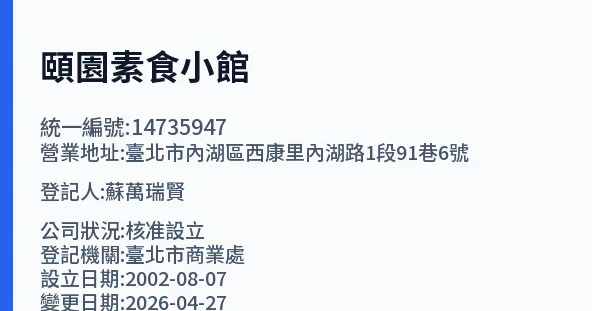 頤園素食小館的照片-統編 14735947(臺北市) 公司登記資料與營業項目詳細圖表