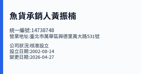 魚貨承銷人黃振楠的照片-統編 14738748(臺北市) 公司登記資料與營業項目詳細圖表