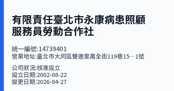 有限責任臺北市永康病患照顧服務員勞動合作社的照片-統編 14739401(臺北市) 公司登記資料與營業項目詳細圖表