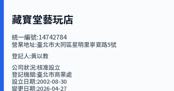 藏寶堂藝玩店的照片-統編 14742784(臺北市) 公司登記資料與營業項目詳細圖表