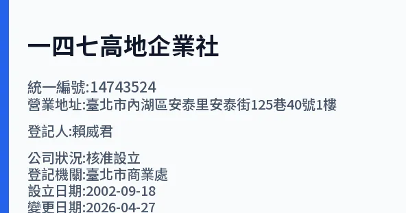 一四七高地企業社的照片-統編 14743524(臺北市) 公司登記資料與營業項目詳細圖表