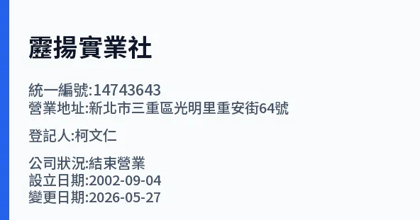 靂揚實業社的照片-統編 14743643(新北市) 公司登記資料與營業項目詳細圖表