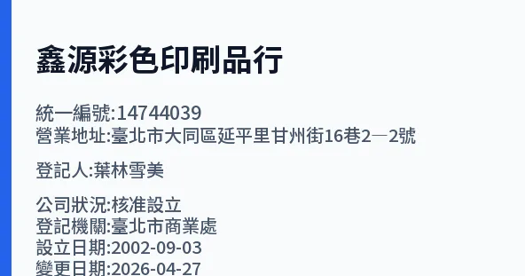 鑫源彩色印刷品行的照片-統編 14744039(臺北市) 公司登記資料與營業項目詳細圖表