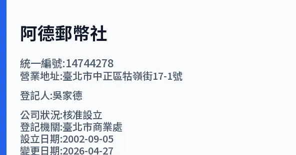 阿德郵幣社的照片-統編 14744278(臺北市) 公司登記資料與營業項目詳細圖表