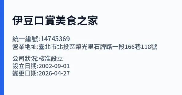 伊豆口賞美食之家的照片-統編 14745369(臺北市) 公司登記資料與營業項目詳細圖表