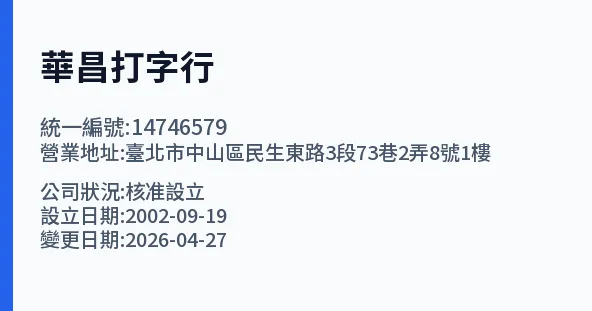 華昌打字行的照片-統編 14746579(臺北市) 公司登記資料與營業項目詳細圖表