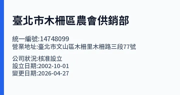臺北市木柵區農會供銷部的照片-統編 14748099(臺北市) 公司登記資料與營業項目詳細圖表