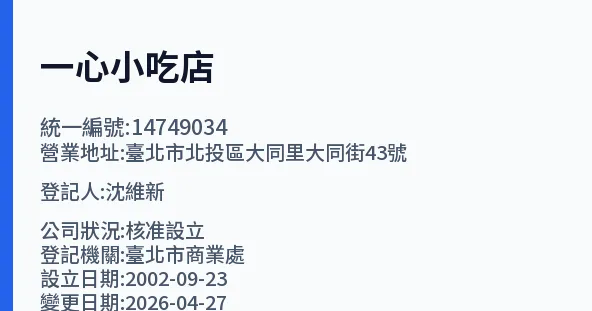 一心小吃店的照片-統編 14749034(臺北市) 公司登記資料與營業項目詳細圖表