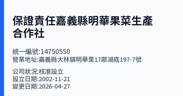 保證責任嘉義縣明華果菜生產合作社的照片-統編 14750550(嘉義縣) 公司登記資料與營業項目詳細圖表